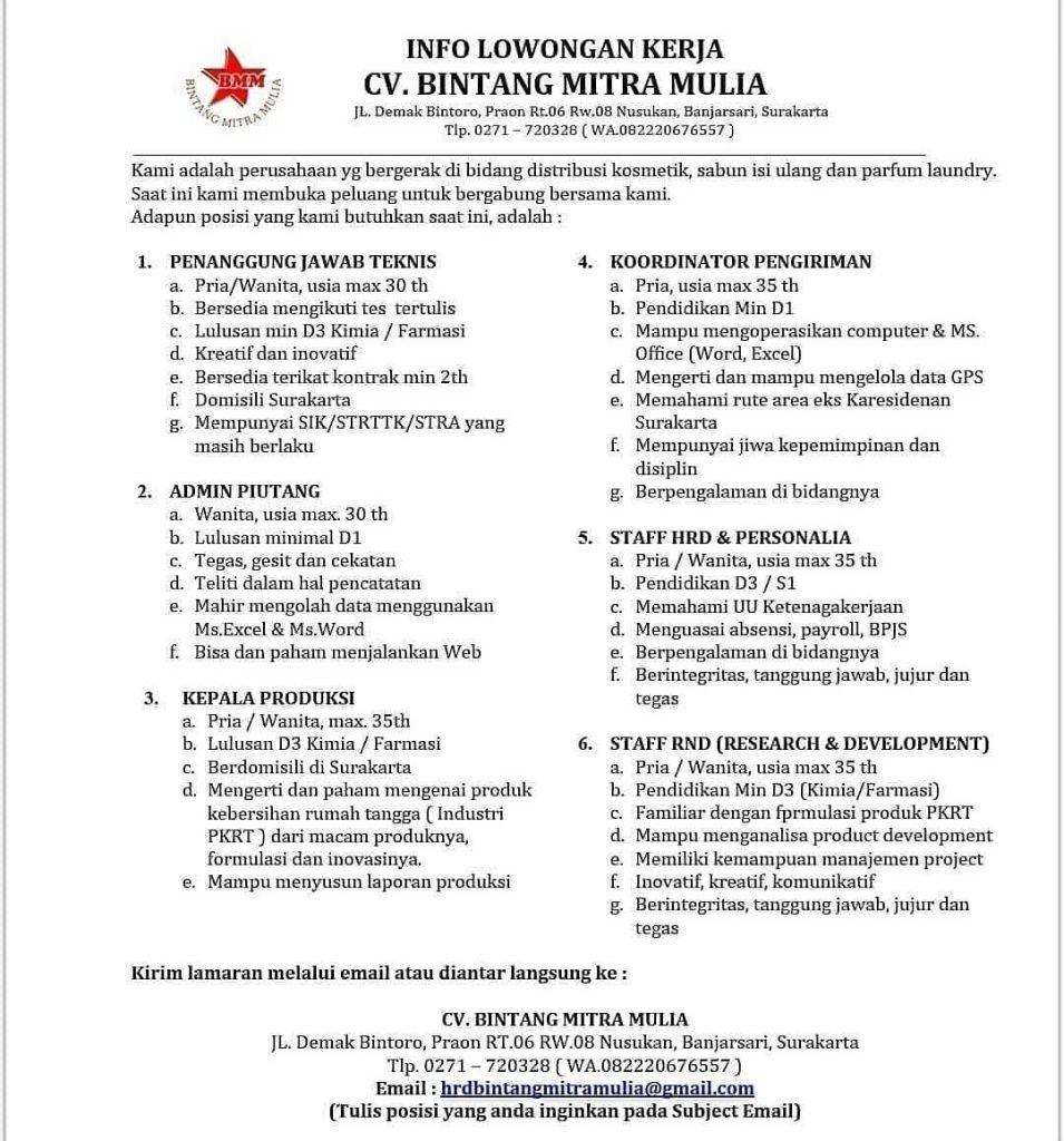 Lowongan Kerja CV Bintang Mitra Mulia di Solo - INFO LOKER SOLO