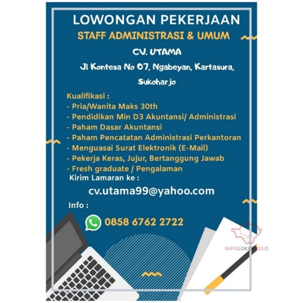 Lowongan Kerja Staff Admin Umum CV Utama Solo - INFO LOKER SOLO