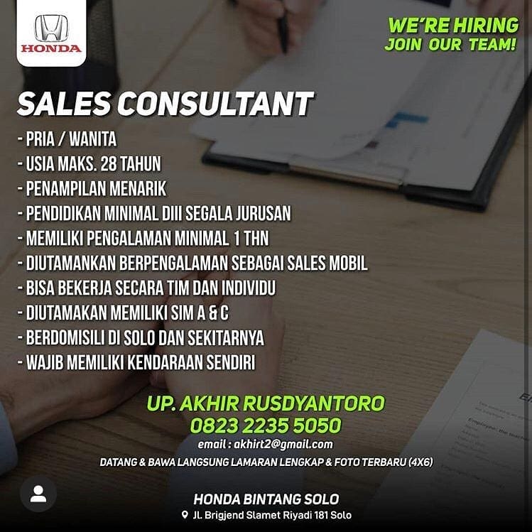 Lowongan Kerja Sales Marketing Honda Bintang di Solo - INFO LOKER SOLO