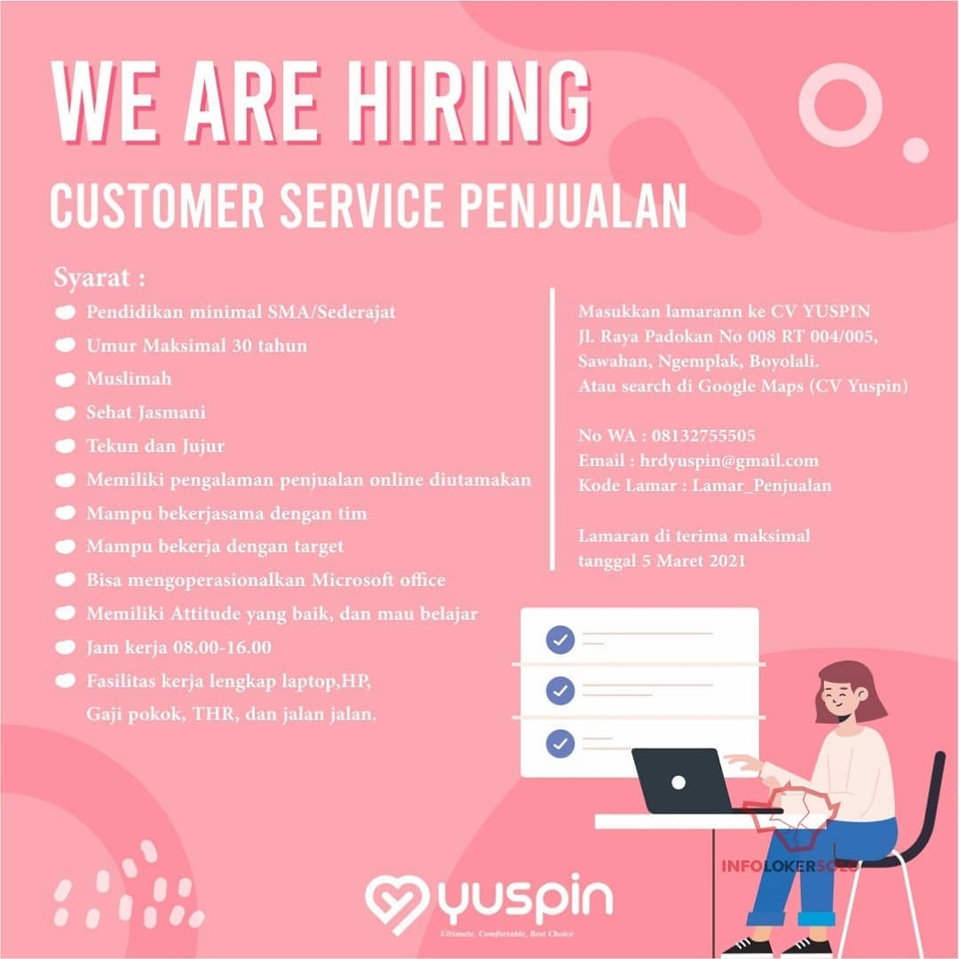 Lowongan Kerja Customer Service Penjualan Yuspin di Solo - INFO LOKER SOLO