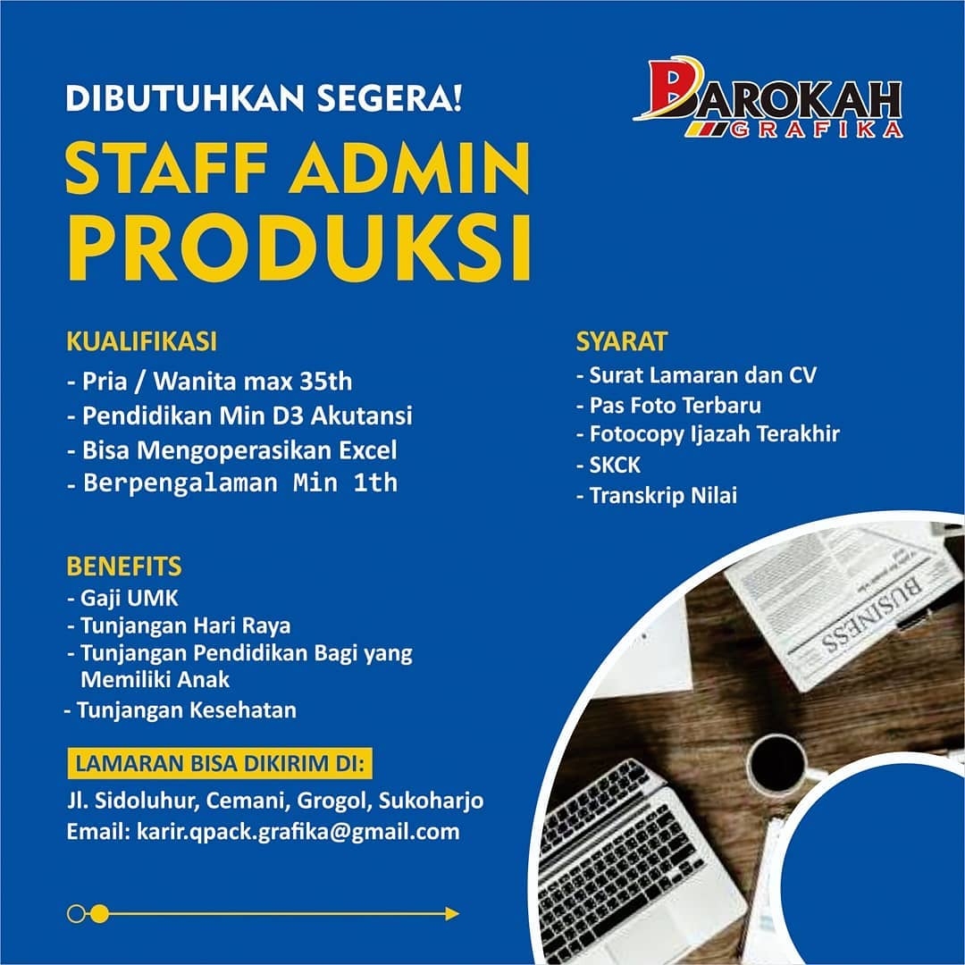 Lowongan Kerja Staff Admin Produksi Barokah Grafika di Solo - INFO ...