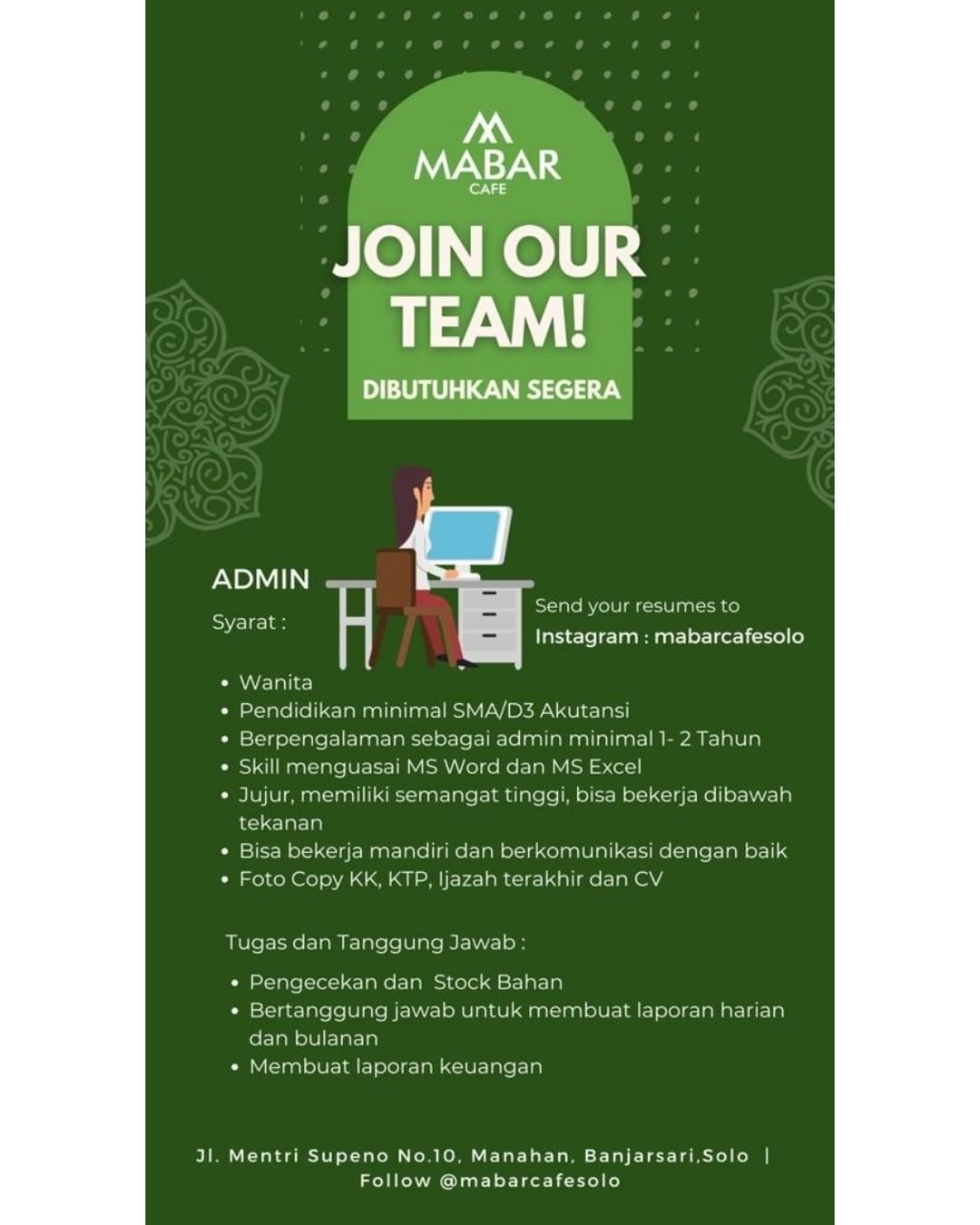 Lowongan Kerja Team Admin Mabar Cafe Solo - INFO LOKER SOLO