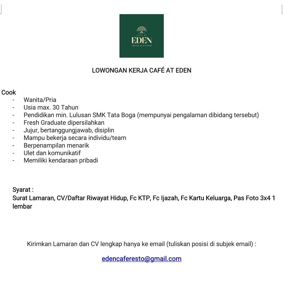 Lowongan Kerja Team Cafe At Eden Resto Solo - INFO LOKER SOLO