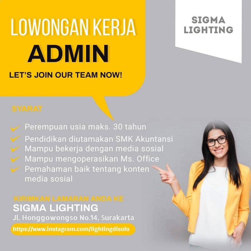 Lowongan Kerja Admin Sigma Lighting Honggowongso Solo - INFO LOKER SOLO