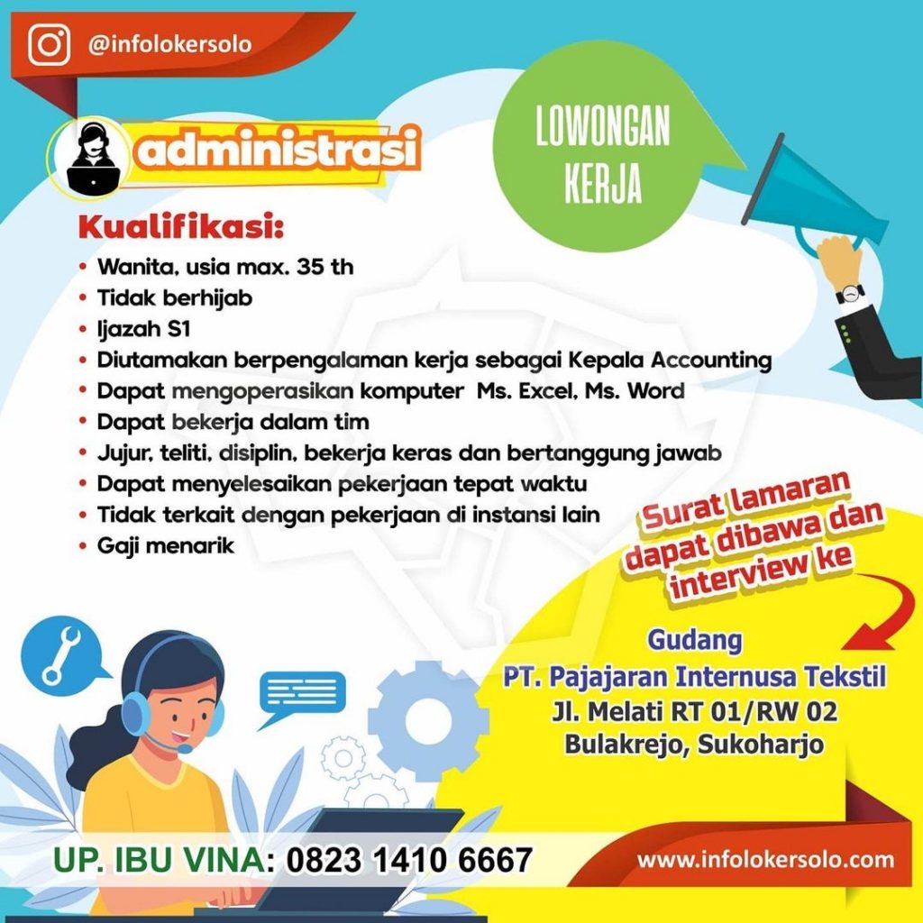 Lowongan Kerja Staff Administrasi Wanita PT Pajajaran Internusa Tekstil ...