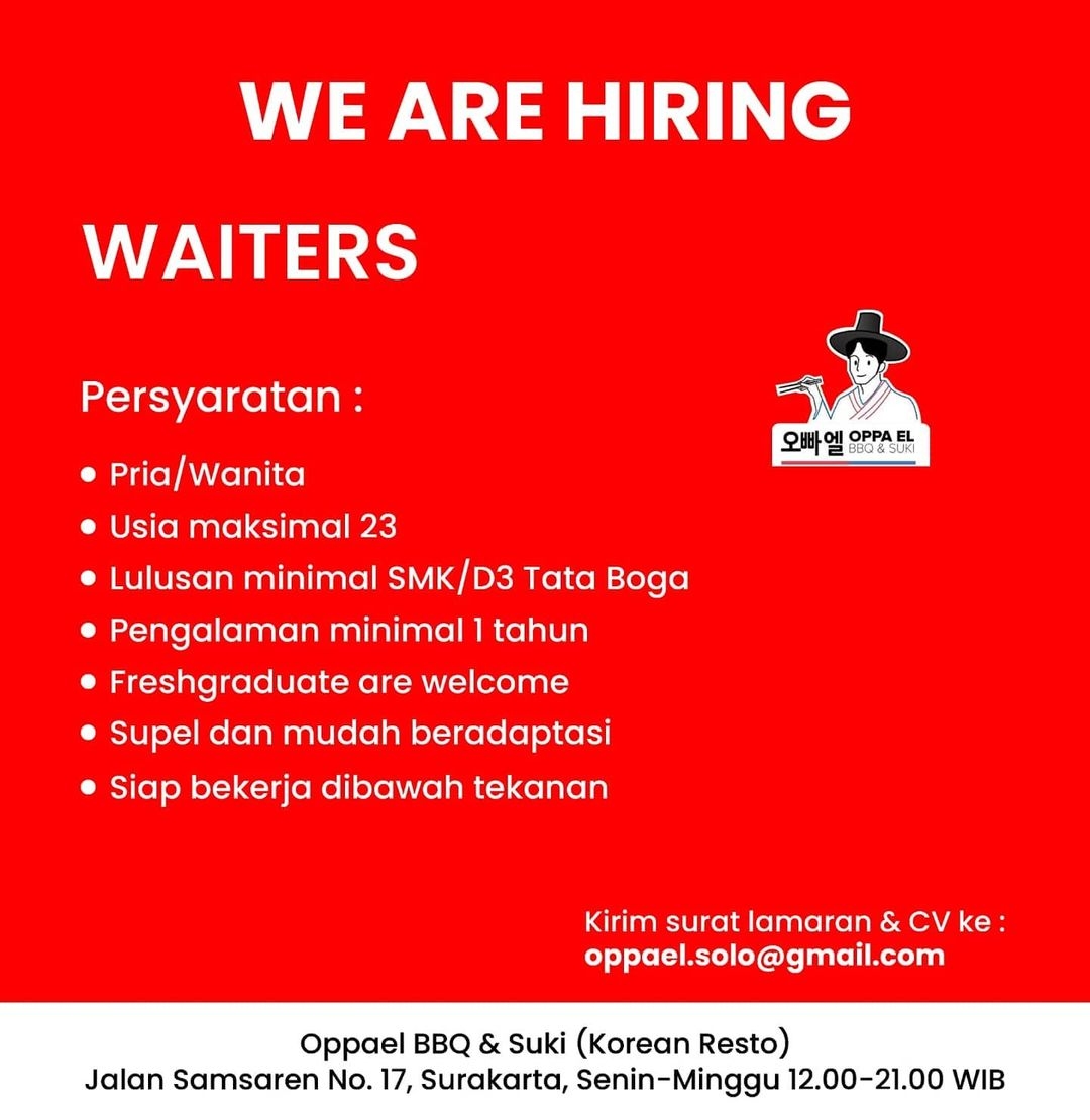 Lowongan Kerja Waiters Oppa El BBQ Suki Korean Resto - INFO LOKER SOLO