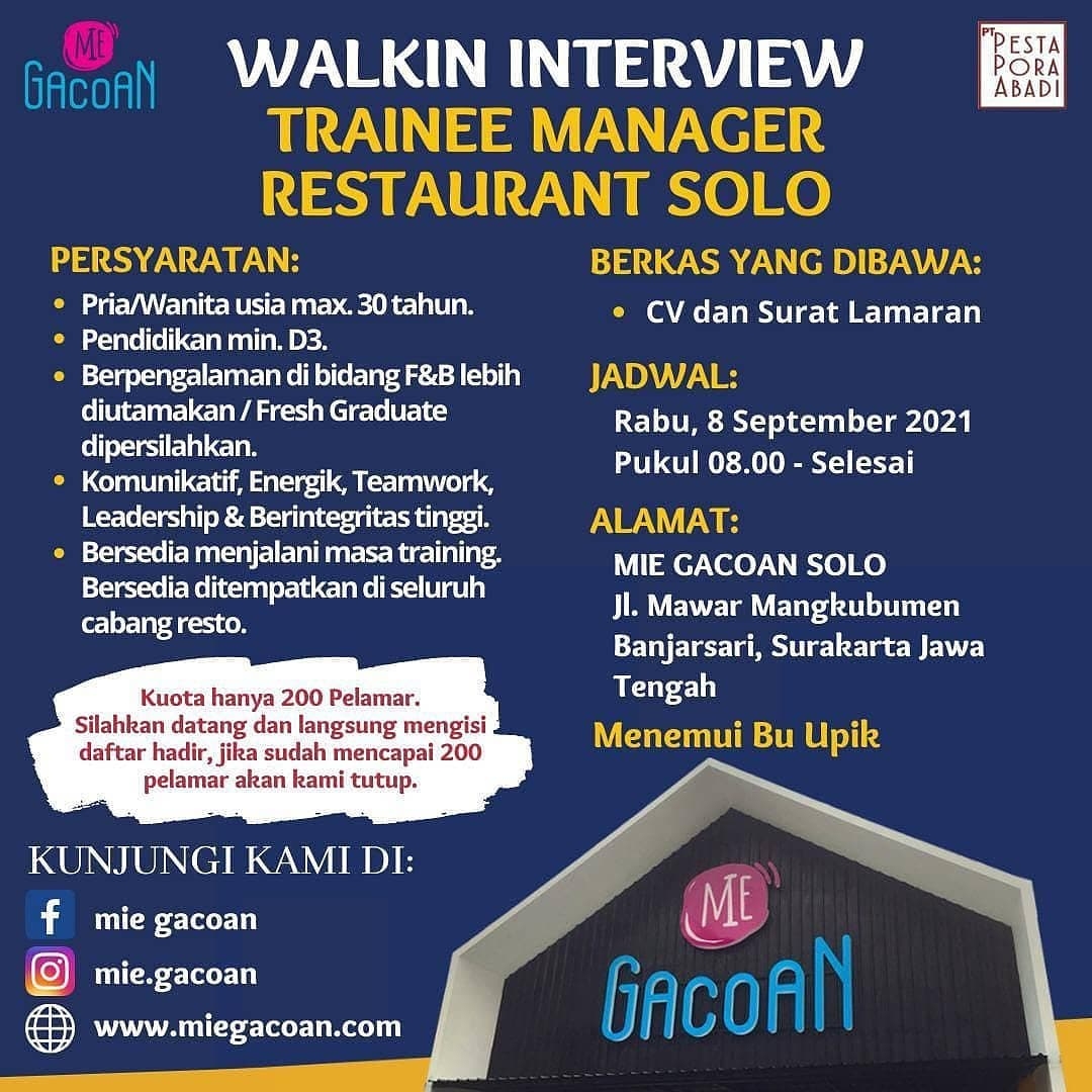 Lowongan Kerja Trainee Manager Restaurant Mie Gacoan Surakarta - INFO ...
