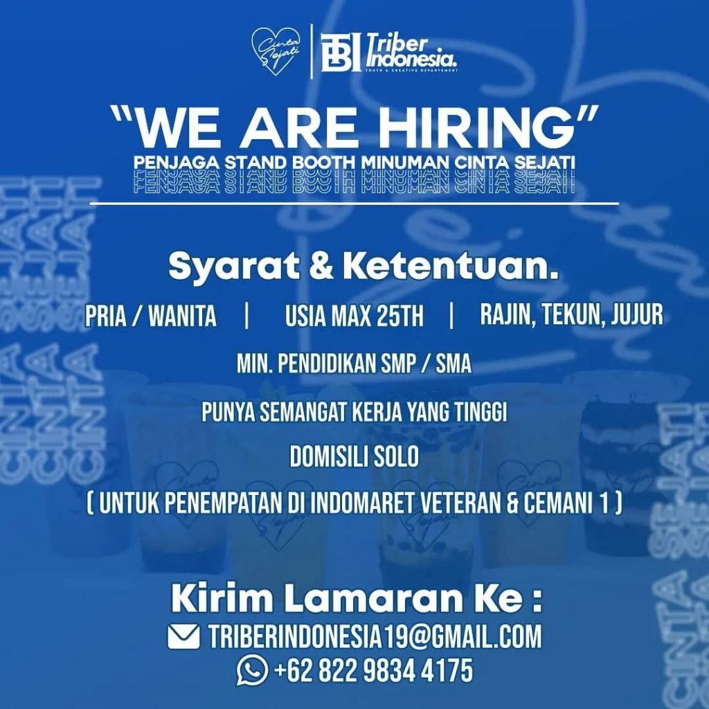 Lowongan Kerja Penjaga Stand Booth Minuman Cinta Sejati - INFO LOKER SOLO