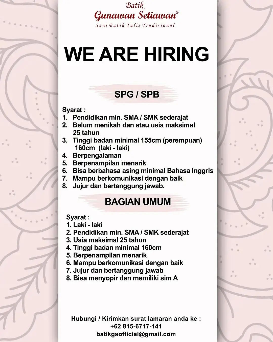 Lowongan Kerja Bagian Umum Batik Gunawan Setiawan Official - INFO LOKER ...