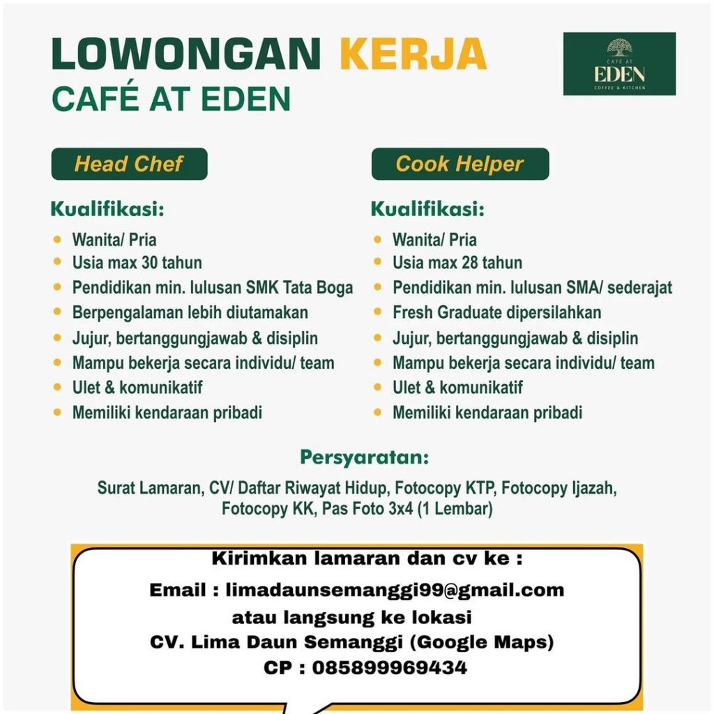 Lowongan Kerja Full Time Crew Café At Eden Surakarta - INFO LOKER SOLO