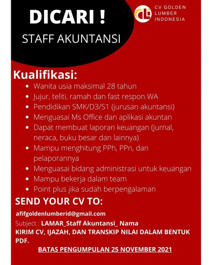 Lowongan Kerja Staff Akuntansi CV Golden Lumber Indonesia - INFO LOKER SOLO