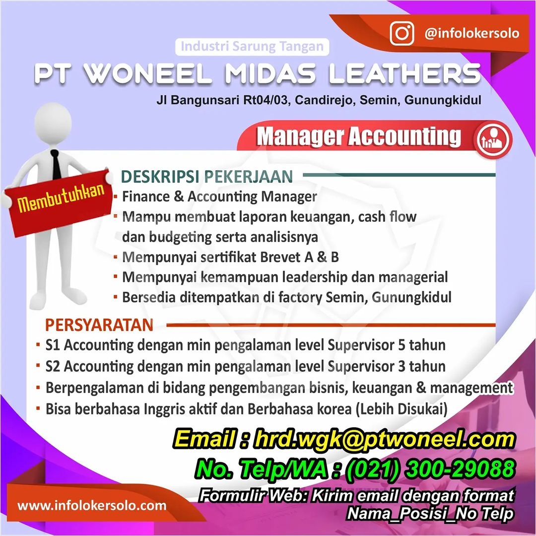 Lowongan Kerja Manager Accounting PT Woneel Midas Leathers di Solo ...