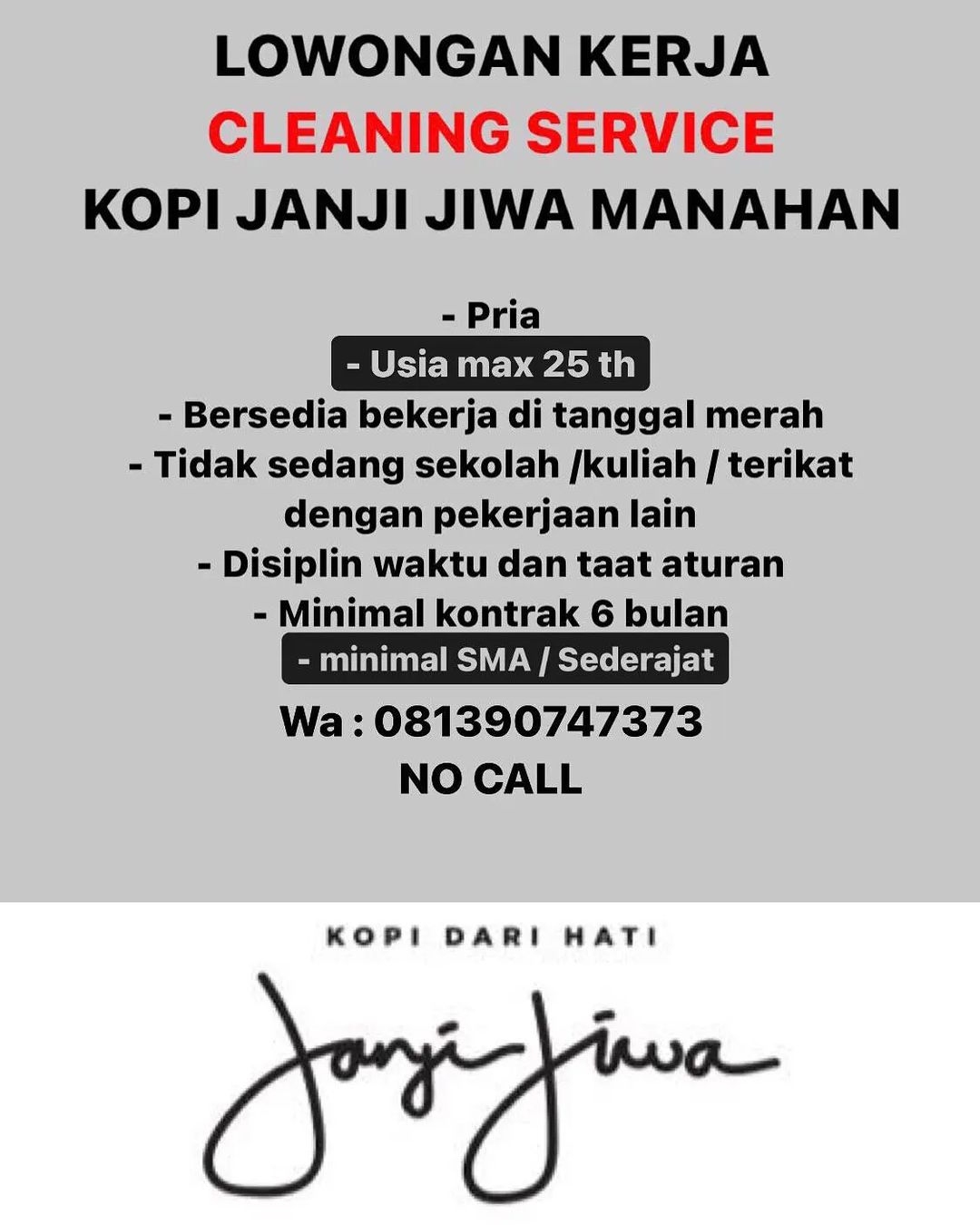 Lowongan Kerja Cleaning Service Kopi Janji Jiwa Manahan - INFO LOKER SOLO