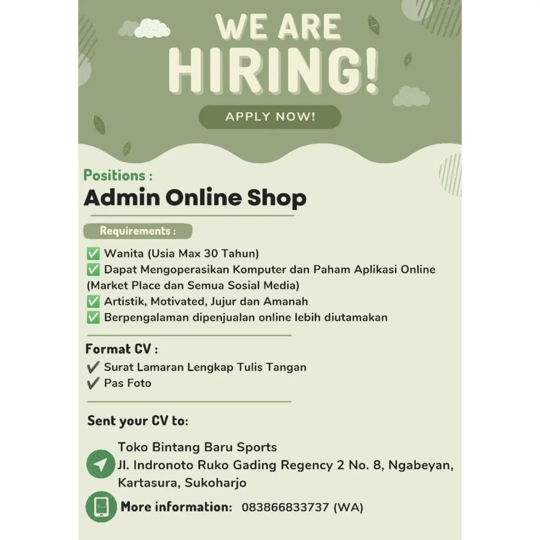 Lowongan Kerja 2022 Admin Online Shop Toko Bintang Baru Sport - INFO ...