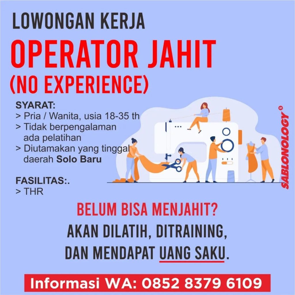 Lowongan Kerja 2022 Operator Jahit Sablonology di Solo - INFO LOKER SOLO