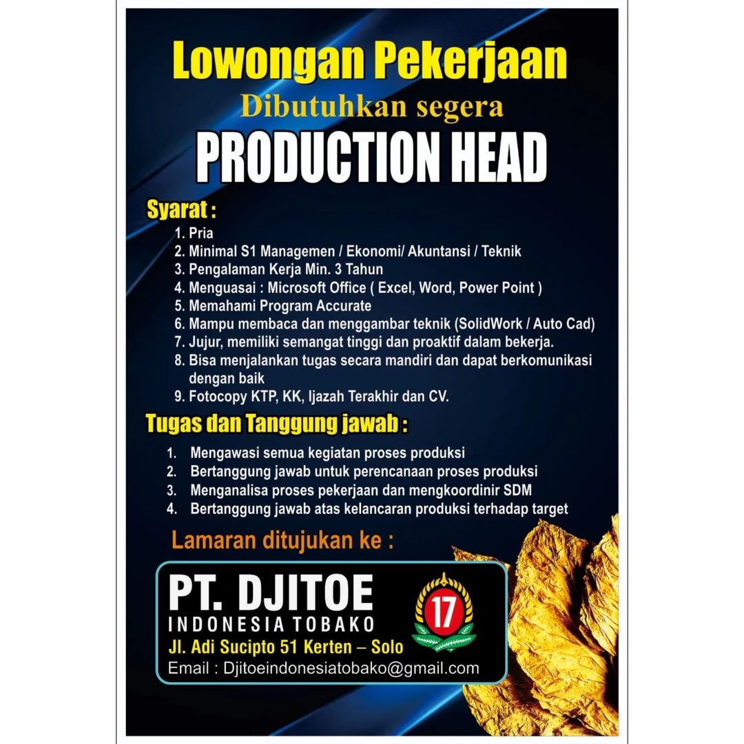 Lowongan Kerja 2022 PT Djitoe Indonesia Tobako - INFO LOKER SOLO