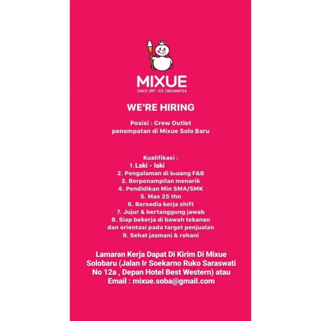 Lowongan Kerja April 2022 Crew Outlet Mixue Solo Baru - INFO LOKER SOLO