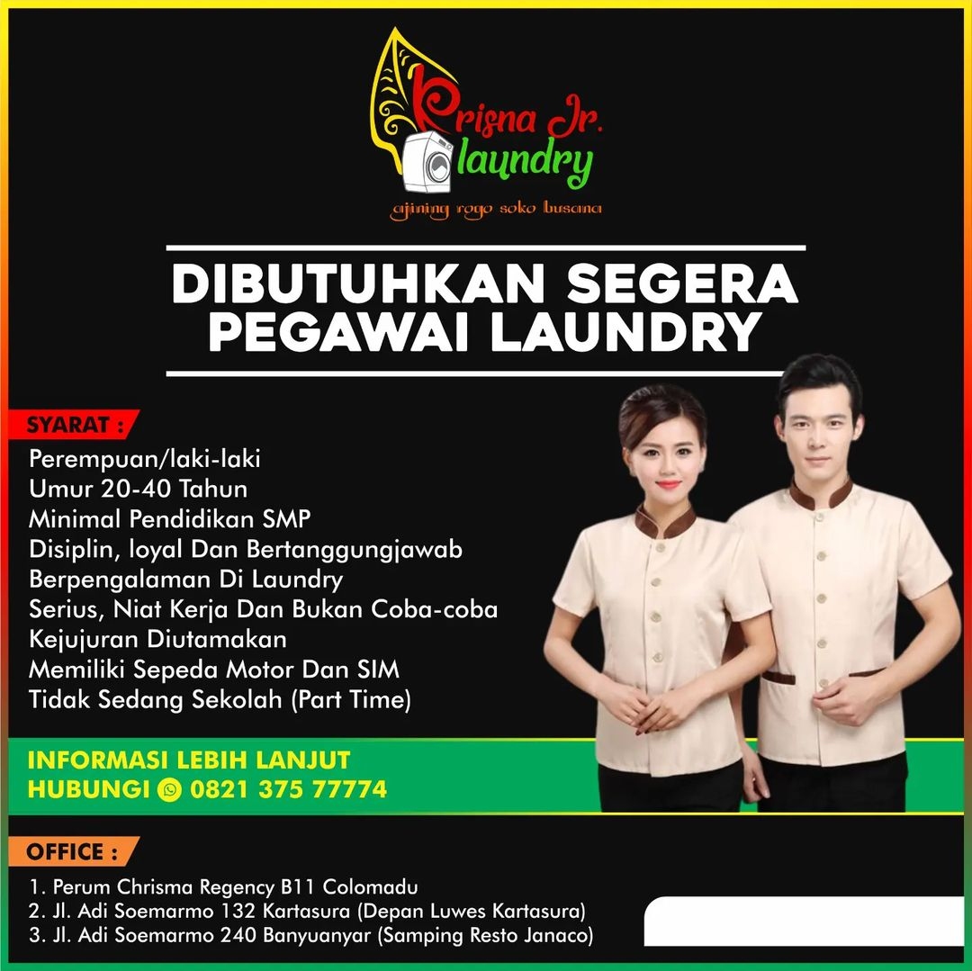 Lowongan Kerja April 2022 Krisna Jr Laundry di Solo - INFO LOKER SOLO