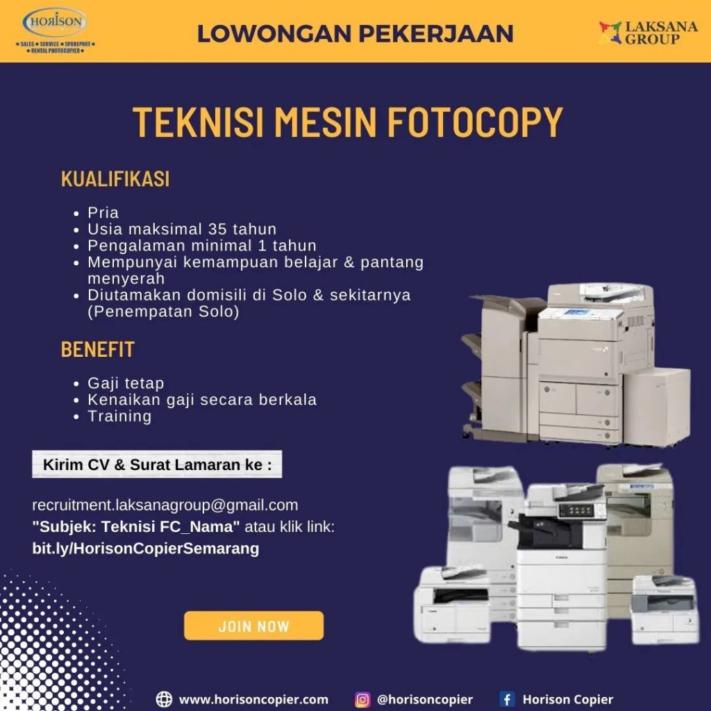 Lowongan Kerja April 2022 Teknisi Mesin Fotocopy Laksana Group - INFO ...