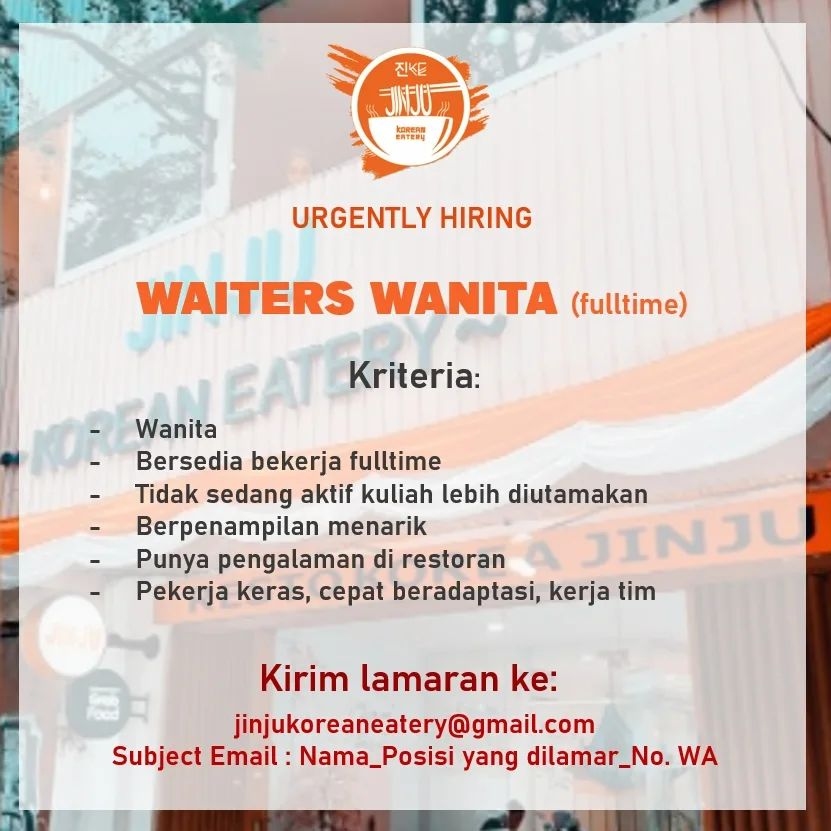 Lowongan Kerja Mei 2022 Waiters Jinju Korean Eatery - INFO LOKER SOLO