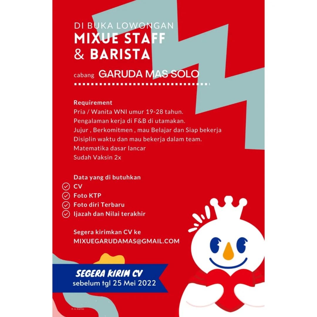 Lowongan Kerja Mei 2022 Mixue Garuda Mas Solo - INFO LOKER SOLO