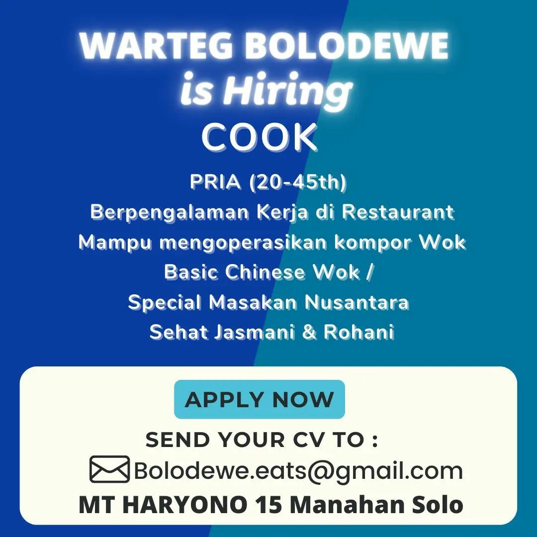 Lowongan Kerja Agustus 2022 Cook Warteg Bolodewe di Solo - INFO LOKER SOLO