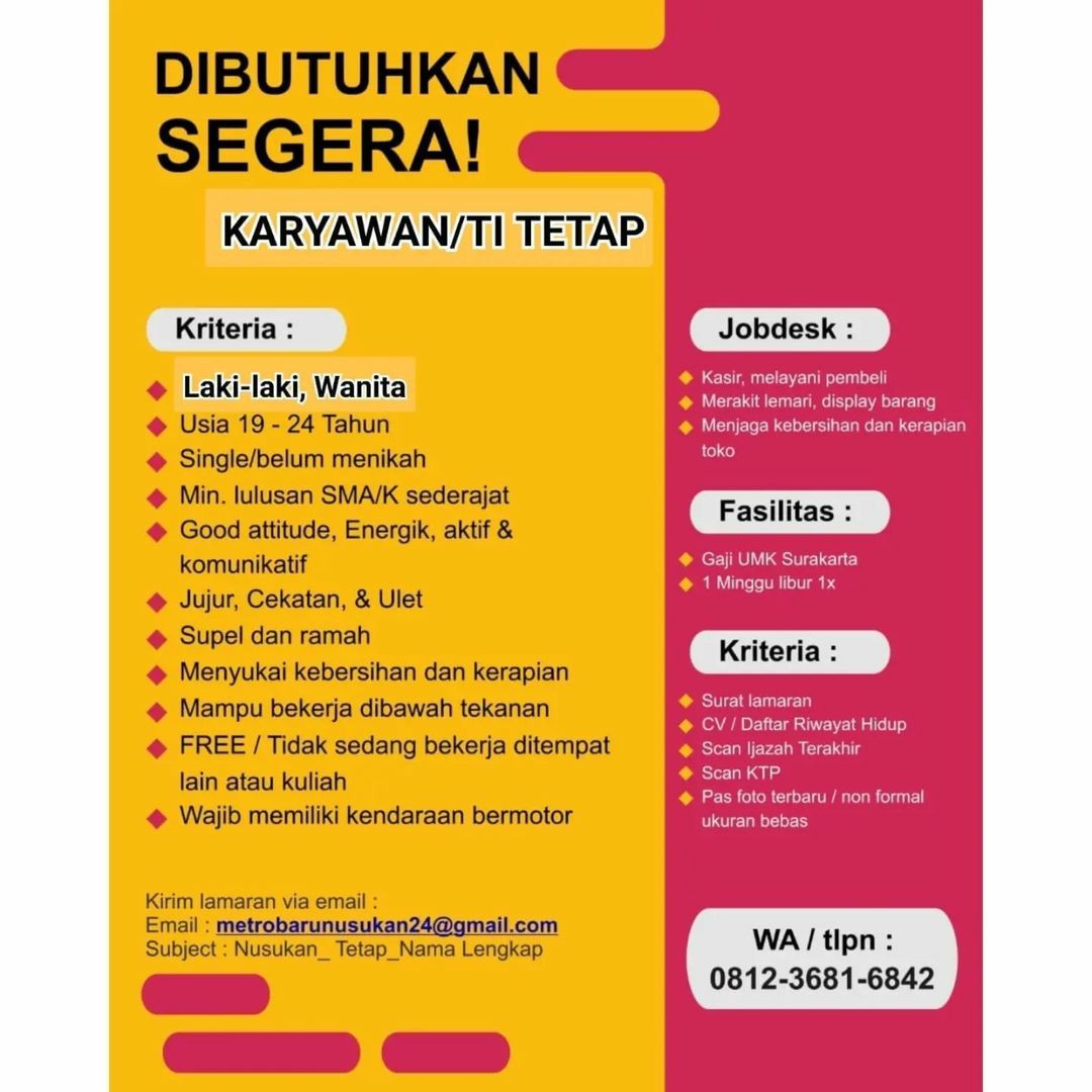 Lowongan Kerja November 2022 Metro Baru Nusukan di Solo - INFO LOKER SOLO