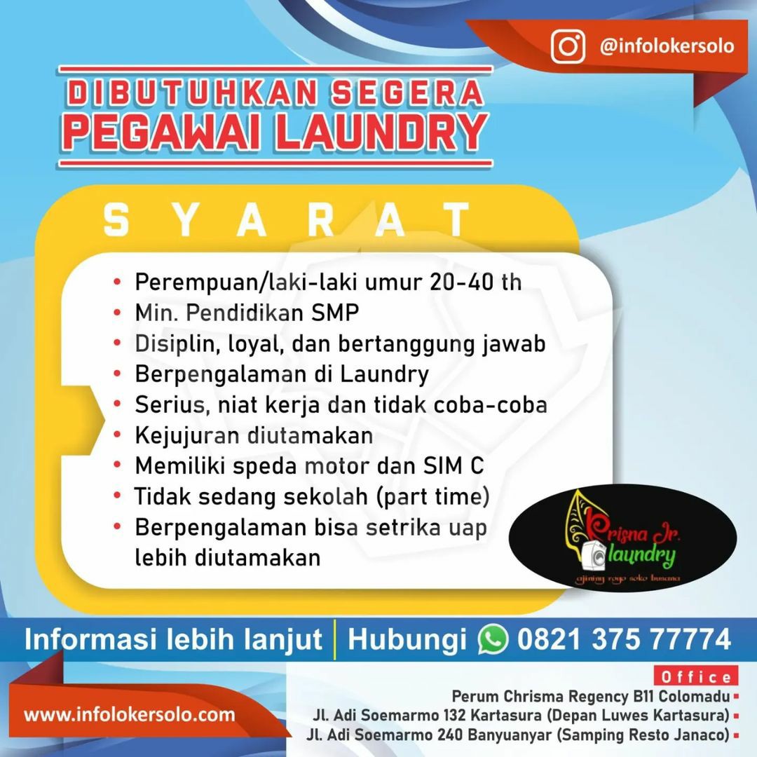 Lowongan Kerja November 2022 Pegawai Krisna Jr Laundry di Solo - INFO ...
