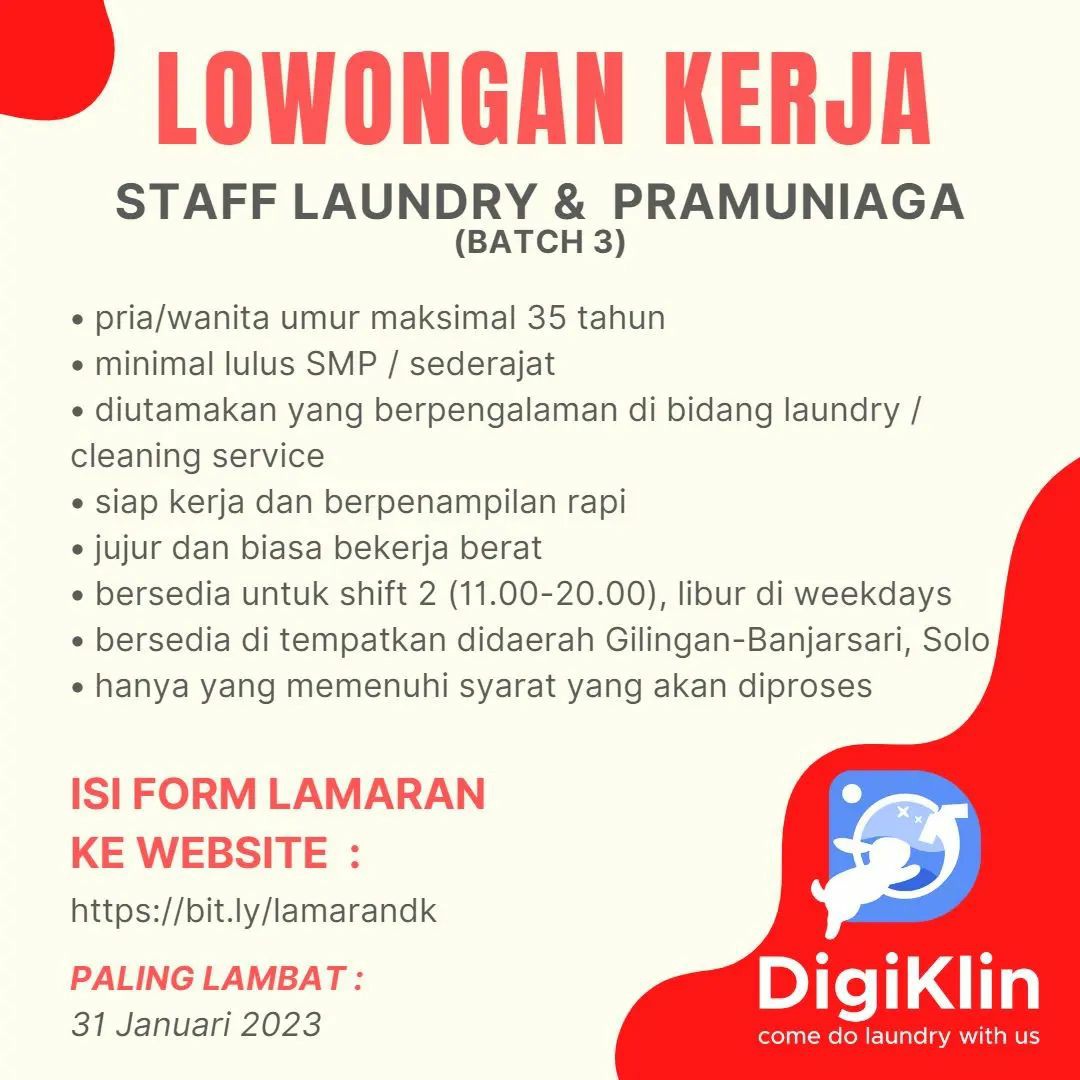 Lowongan Kerja Januari 2023 Crew Outlet Laundry Digiklin di Solo - INFO ...