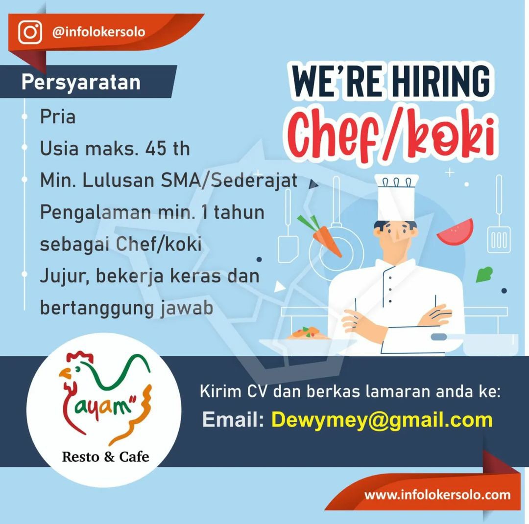 Lowongan Kerja Februari 2023 Chef Ayam Resto Cafe di Solo - INFO LOKER SOLO