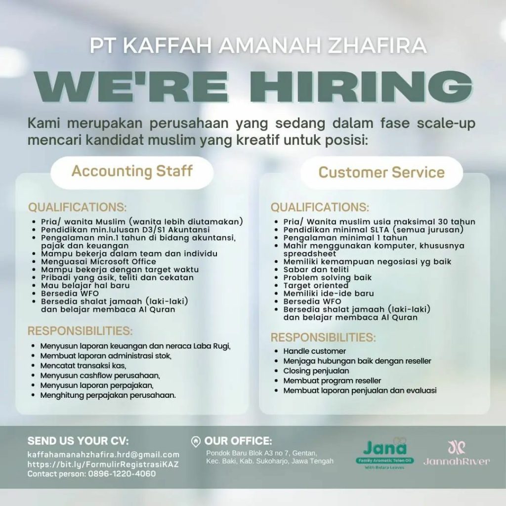 Lowongan Kerja Februari 2023 Staff PT Kaffah Amanah Zhafira di Solo ...