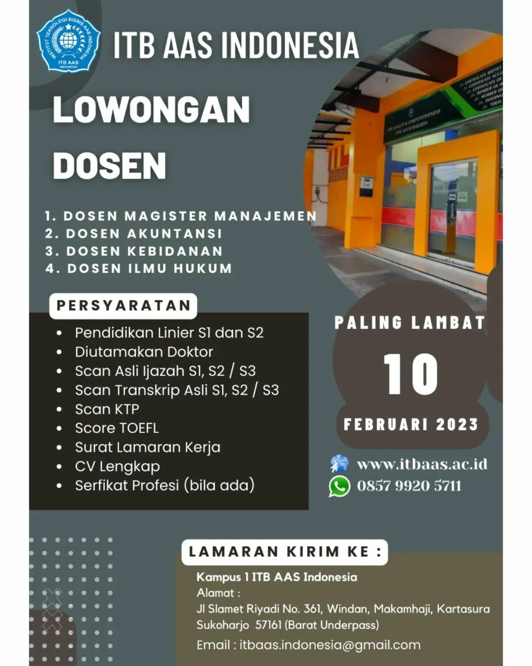 Lowongan Kerja Januari 2023 Dosen ITB AAS Indonesia - INFO LOKER SOLO