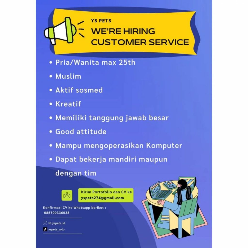 Lowongan Kerja Februari 2023 Customer Service YS Pets Shop di Solo ...