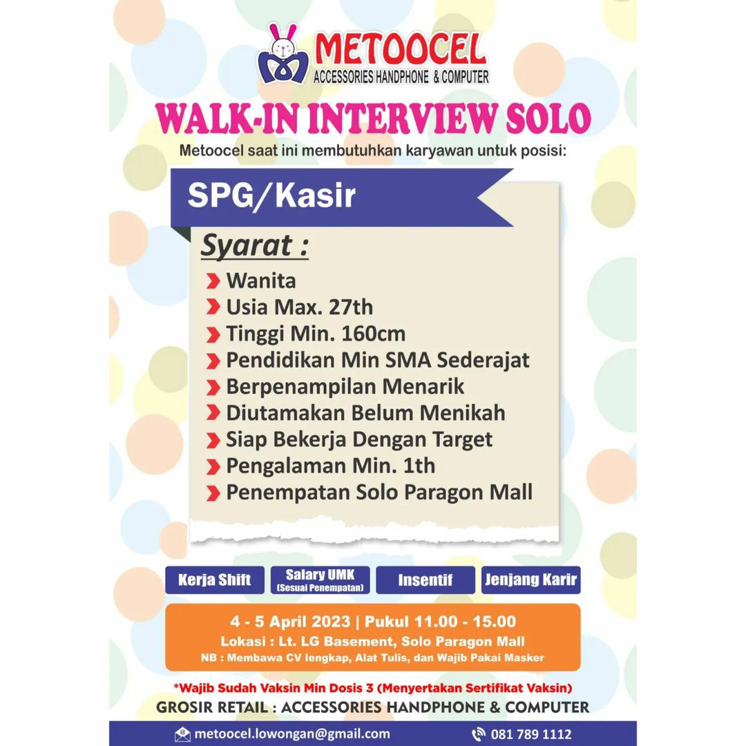 Lowongan Kerja April 2023 SPG Metoocel di Solo - INFO LOKER SOLO