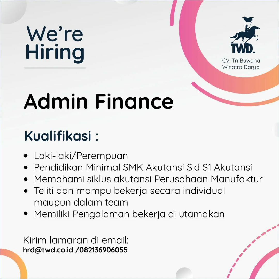 Lowongan Kerja Mei 2023 Admin Finance CV Tri Buwana Winatra Darya di ...