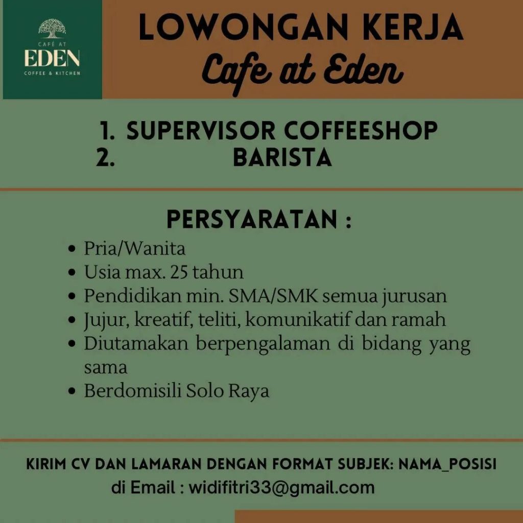 Lowongan Kerja Mei 2023 Barista Café At Eden di Solo - INFO LOKER SOLO