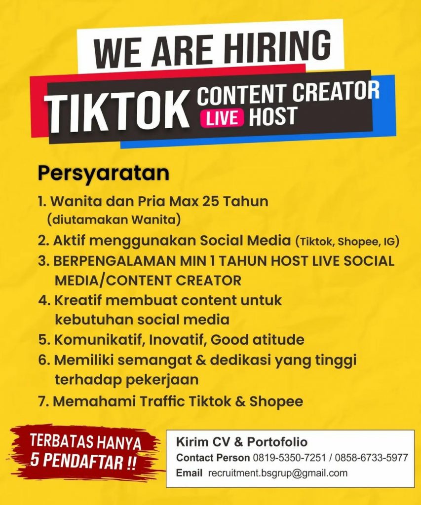 Lowongan Kerja Mei 2023 Content Creator Host Tiktok Live di Solo - INFO ...