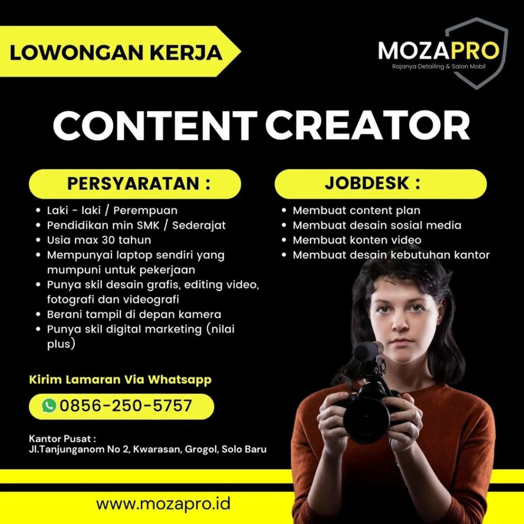 Lowongan Kerja Mei 2023 Content Creator Mozapro di Solo - INFO LOKER SOLO