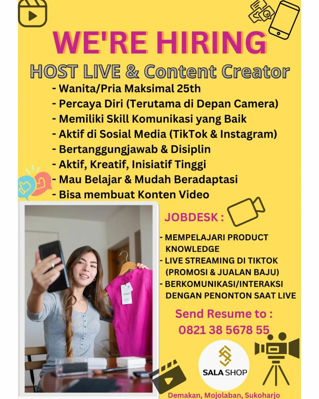 Lowongan Kerja Mei 2023 Content Creator Sala Shop di Solo - INFO LOKER SOLO