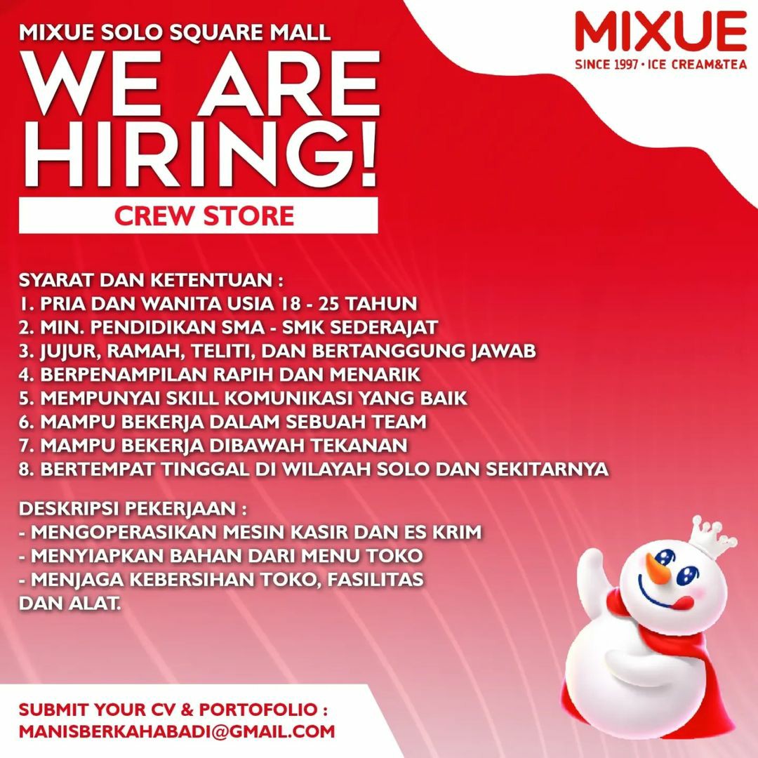 Lowongan Kerja Mei 2023 Crew Store Mixue Solo Square - INFO LOKER SOLO