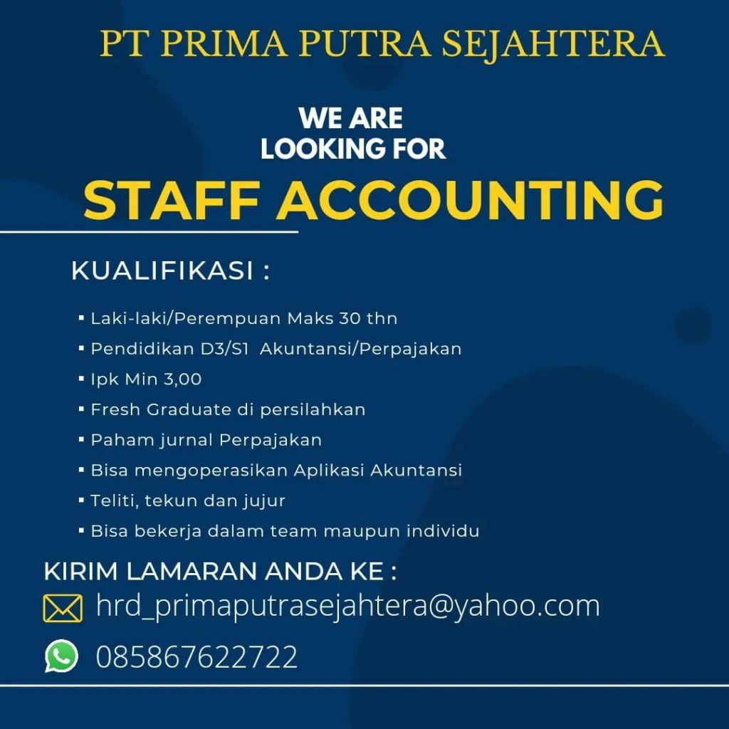 Lowongan Kerja Mei 2023 Staff Accounting PT Prima Putra Sejahtera di ...