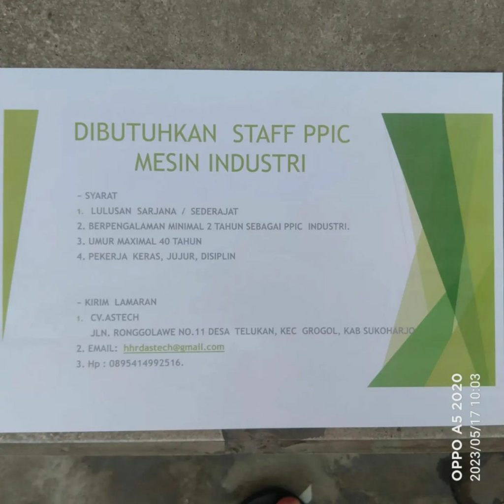 Lowongan Kerja Mei 2023 Staff PPIC Mesin Industri CV Astech Sukoharjo ...