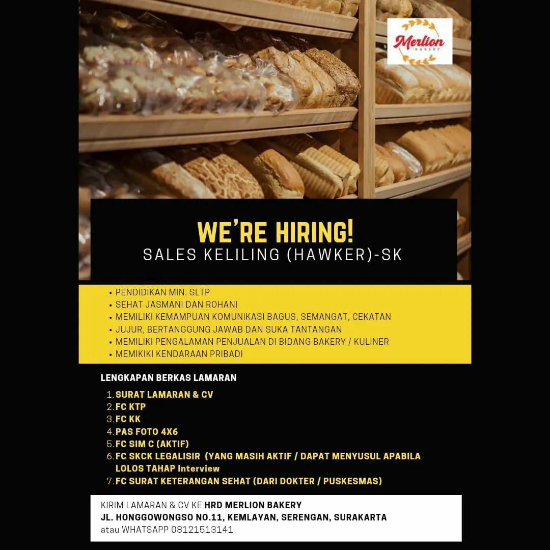 Lowongan Kerja Juni 2023 Sales Merlion Bakery di Solo - INFO LOKER SOLO