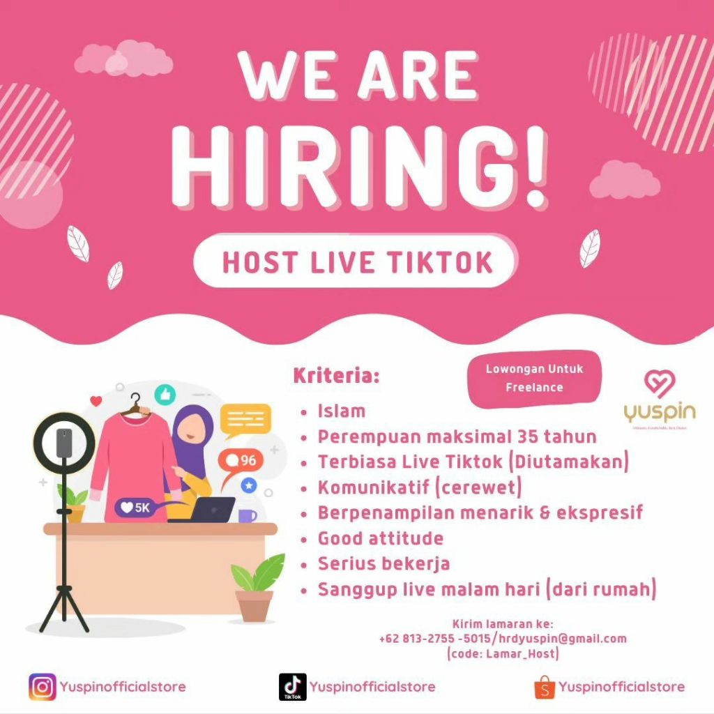 Lowongan Kerja Juli 2023 Host Live Tiktok CV Yuspin di Solo - INFO ...