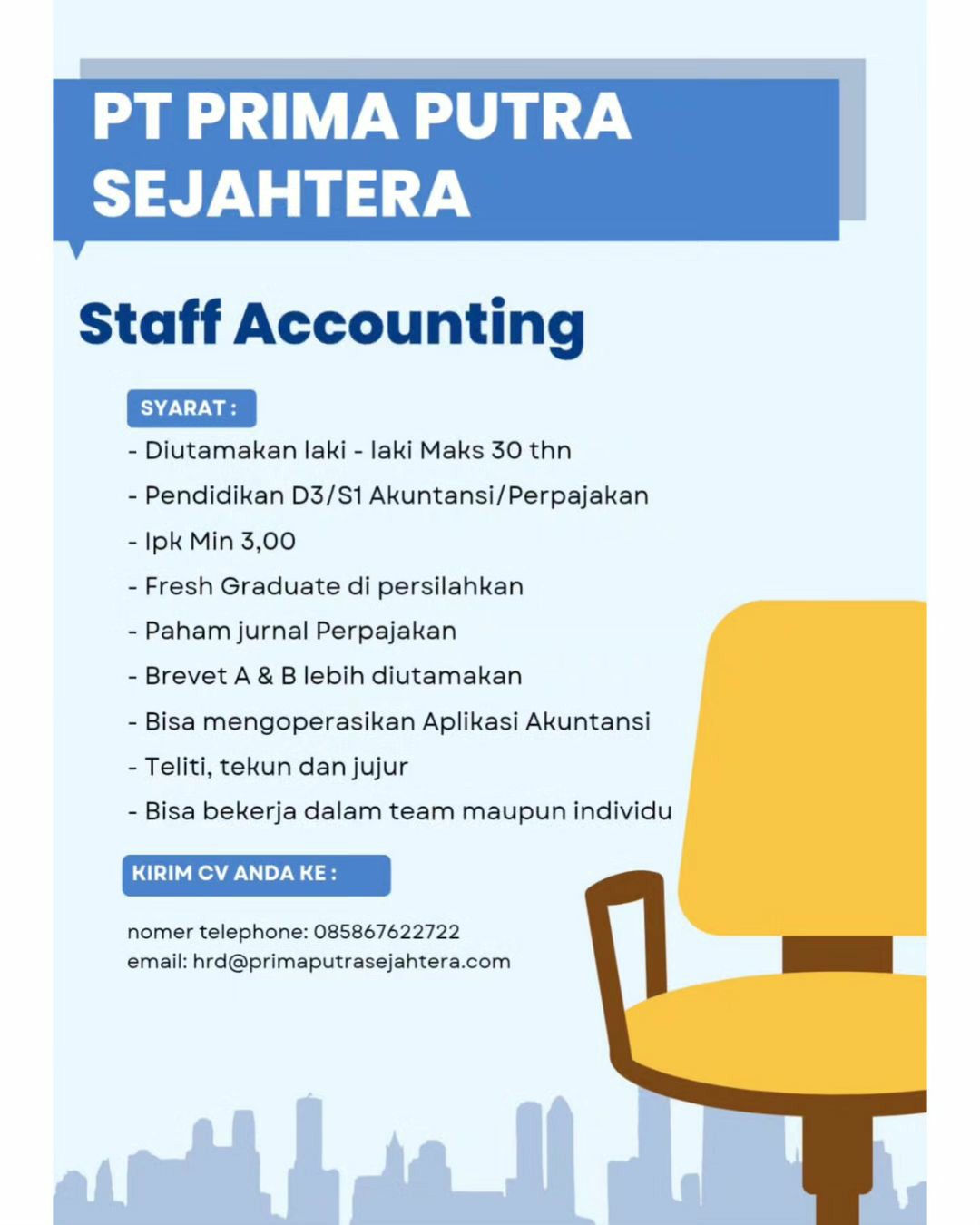 Lowongan Kerja September 2023 Staff Accounting PT Prima Putra Sejahtera ...