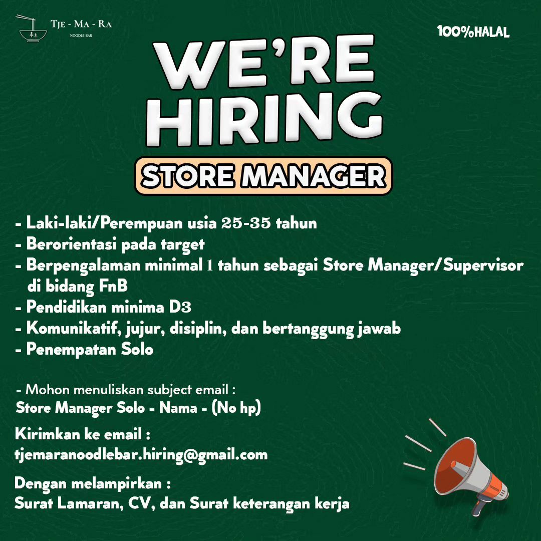 Lowongan Kerja September 2023 Store Manager Temara Noodle Bar di Solo ...