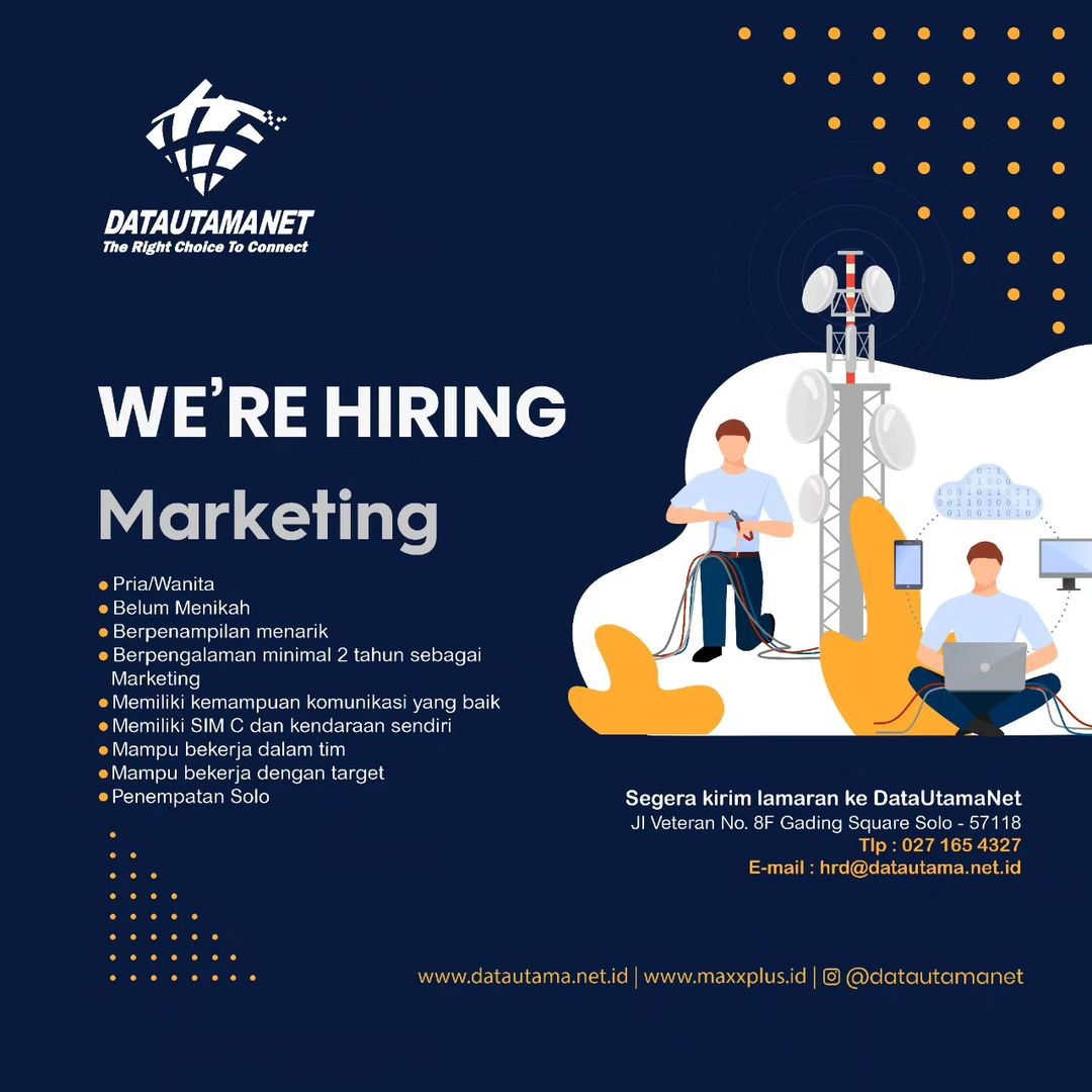 Lowongan Kerja Oktober 2023 Marketing Data Utama Net di Solo - INFO ...