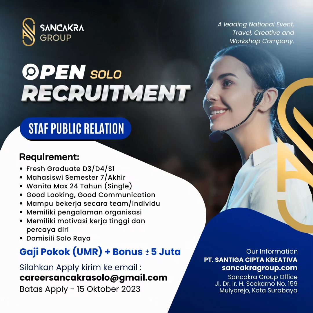 Lowongan Kerja September 2023 Staff Public Relation Sancakra di Solo ...