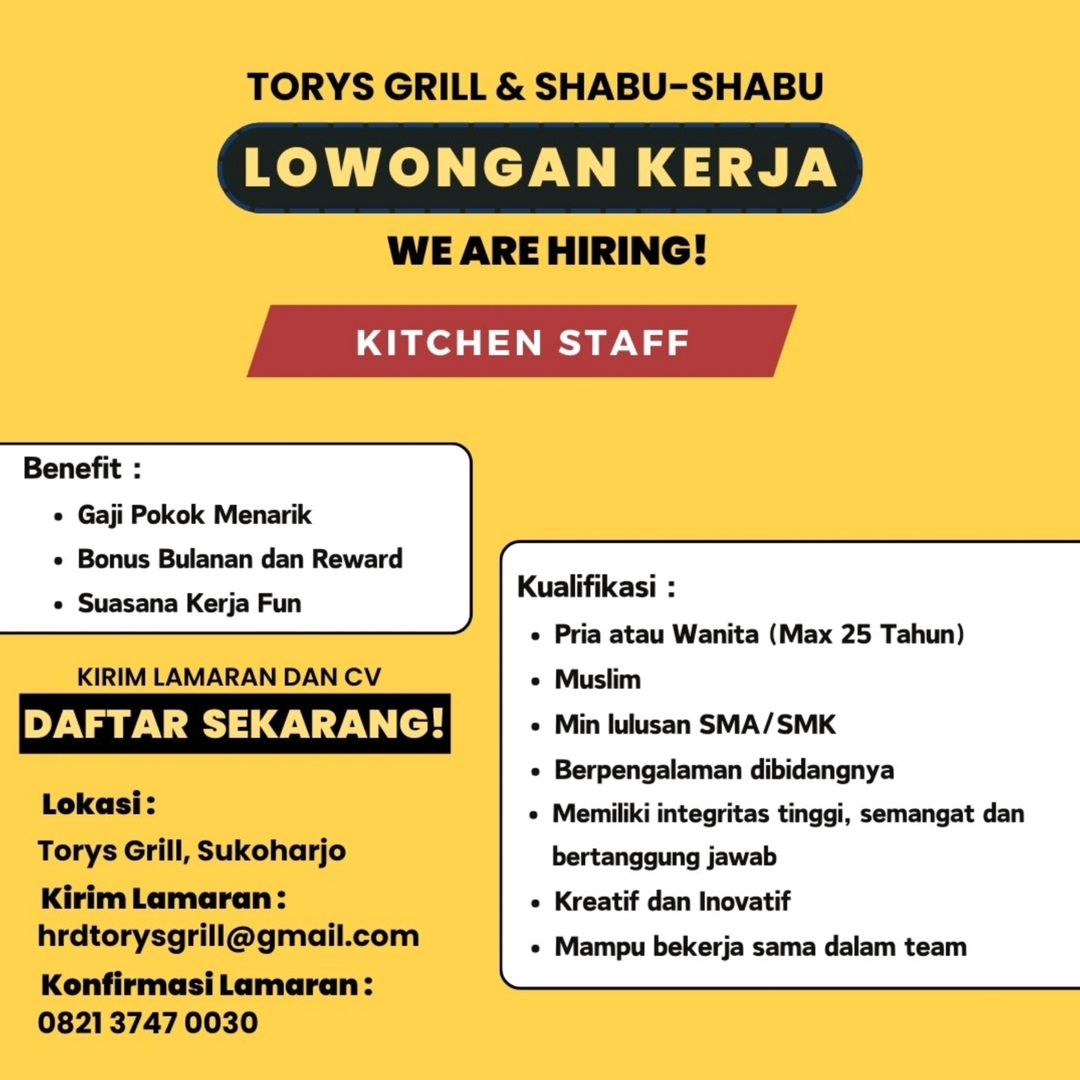 Lowongan Kerja Desember 2023 Staff Kitchen Torys Grill di Solo - INFO ...