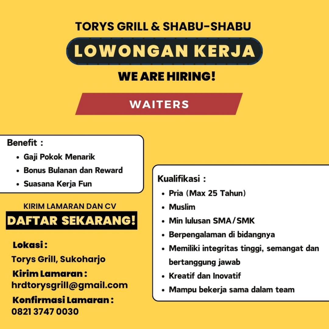 Lowongan Kerja Desember 2023 Waiters Torys Grill di Solo - INFO LOKER SOLO
